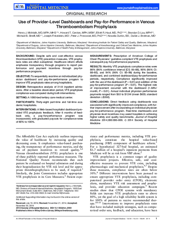 (PDF) Use of provider-level dashboards and pay-for-performance in venous thromboembolism ...