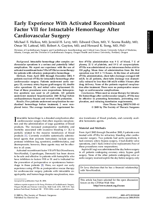 (PDF) Early Experience With Activated Recombinant Factor VII for ...