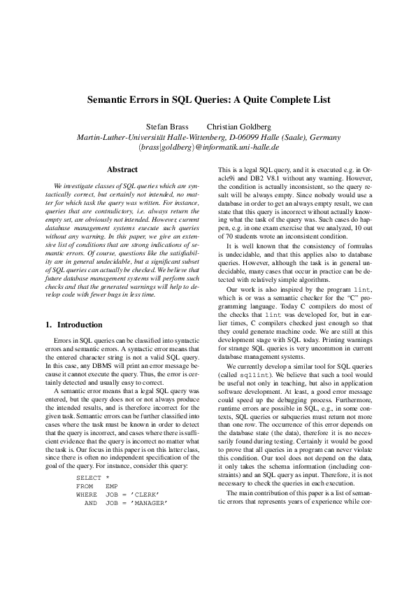 (PDF) Semantic errors in SQL queries: A quite complete list