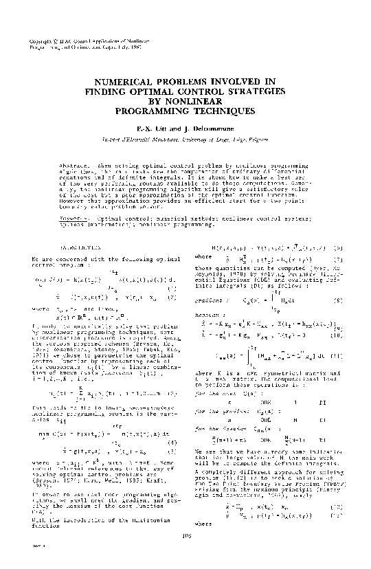 Pdf Numerical Problems Involved In Finding Optimal Control Strategies By Nonlinear Programming