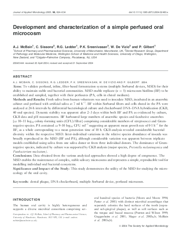 (PDF) Characterizing a Simple Oral Microcosm Model