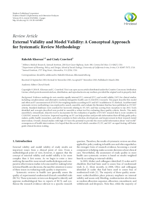 (PDF) External Validity and Model Validity: A Conceptual Approach for Systematic Review Methodology