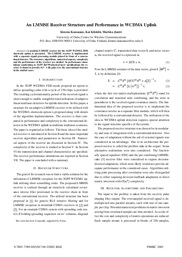 (PDF) An LMMSE receiver structure and performance in WCDMA uplink | Markku Juntti - Academia.edu