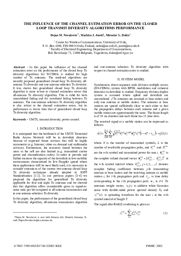 (PDF) The influence of the channel estimation error on the closed loop transmit diversity ...