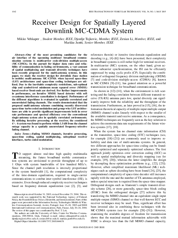 (PDF) Receiver Design for Spatially Layered Downlink MC-CDMA System | Markku Juntti - Academia.edu