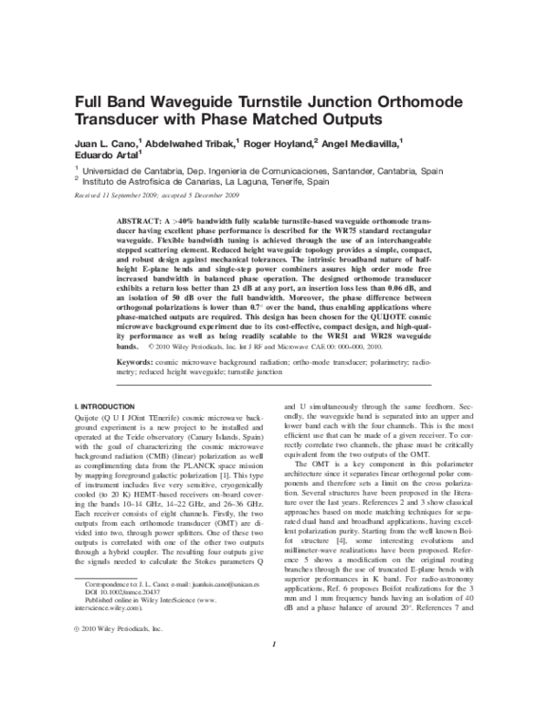 Pdf Full Band Waveguide Turnstile Junction Orthomode Transducer With Phase Matched Outputs