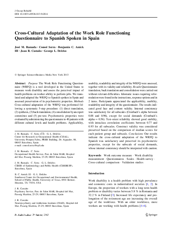 (PDF) The cross-cultural adaptation of the Work Role Functioning ...