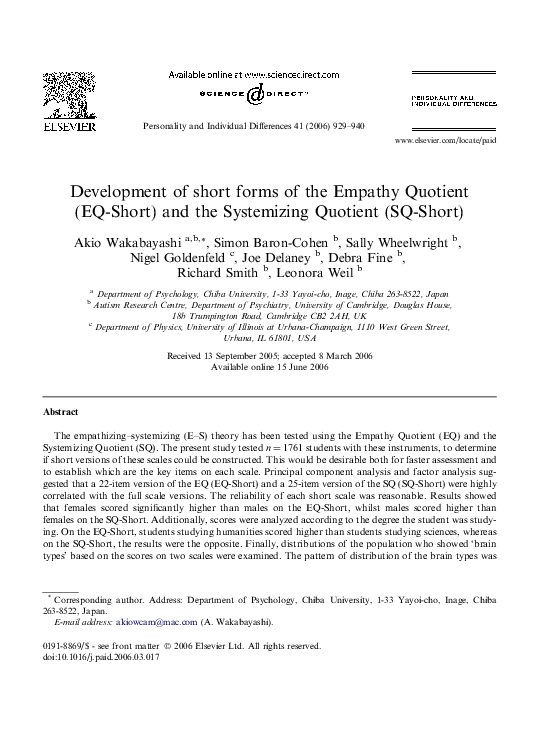(PDF) Development of short forms of the Empathy Quotient (EQ-Short) and the Systemizing Quotient ...