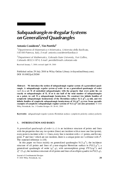 (PDF) Subquadrangle m-regular systems on generalized quadrangles | Antonio Cossidente - Academia.edu