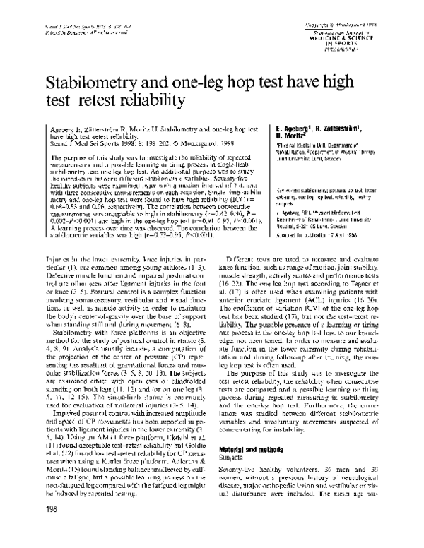 (PDF) Stabilometry and one-leg hop test have high test-retest ...