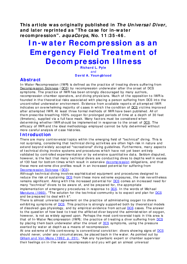 (PDF) Inwater Recompression as an Emergency Field Treatment of ...
