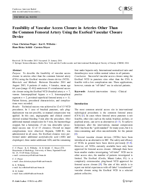 (PDF) Feasibility of Vascular Access Closure in Arteries Other Than the ...