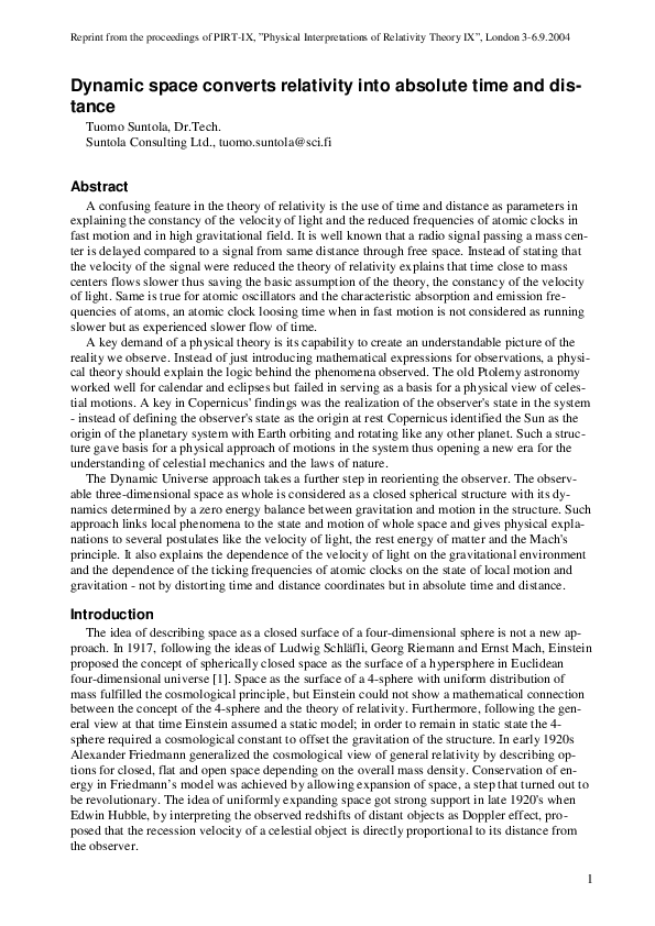 (PDF) Dynamic space converts relativity into absolute time and dis- tance