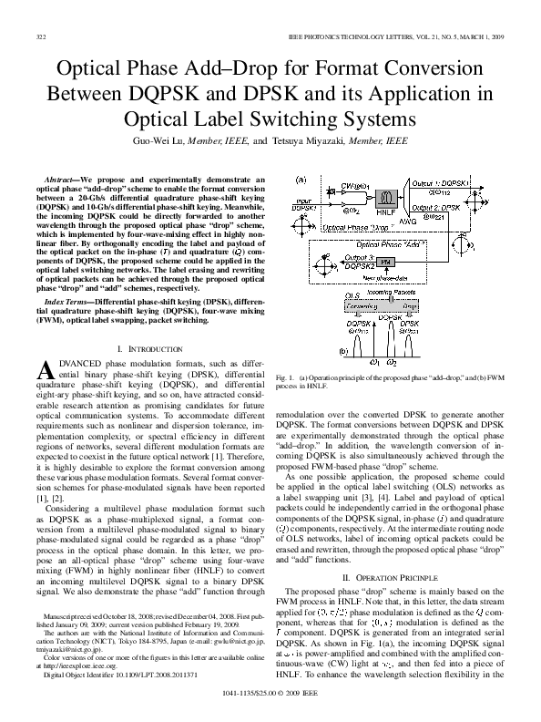 (PDF) Optical Phase Add–Drop for Format Conversion Between DQPSK and DPSK and its Application in ...