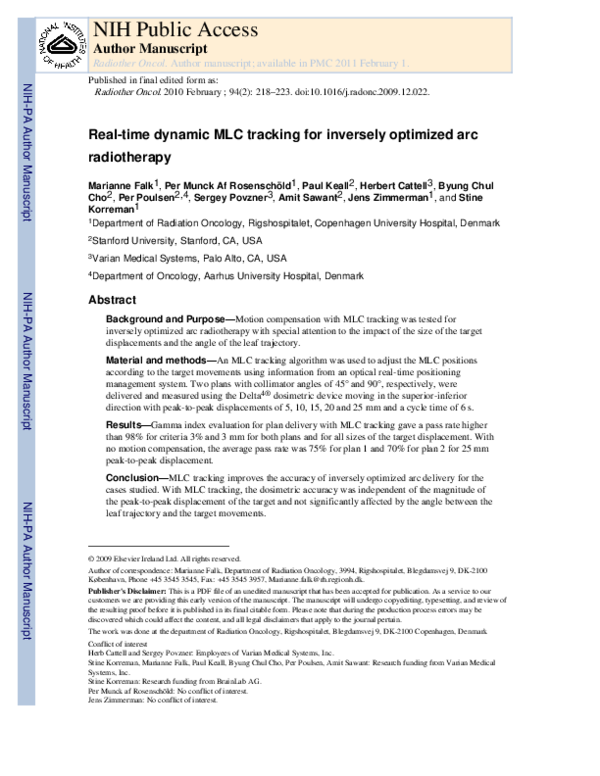 Pdf Real Time Dynamic Mlc Tracking For Inversely Optimized Arc