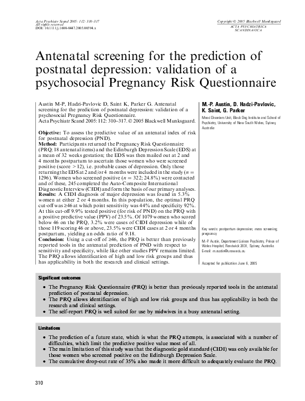 (PDF) Antenatal screening for the prediction of postnatal depression ...