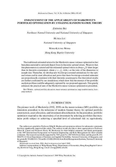 (PDF) ENHANCEMENT OF THE APPLICABILITY OF MARKOWITZ'S PORTFOLIO OPTIMIZATION BY UTILIZING RANDOM ...