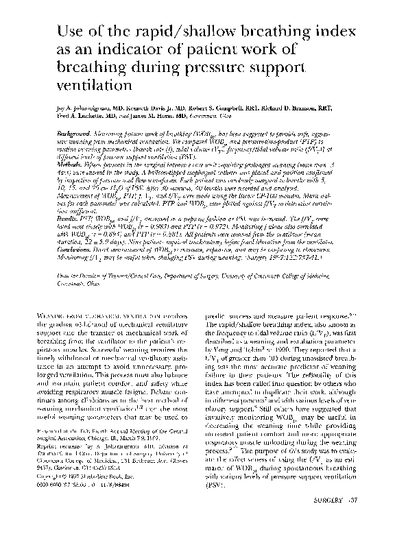 (PDF) Use of the rapid/shallow breathing index as an indicator of patient work of breathing ...