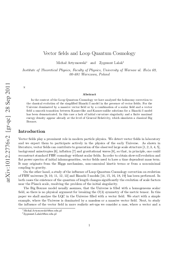 (PDF) Vector fields and Loop Quantum Cosmology