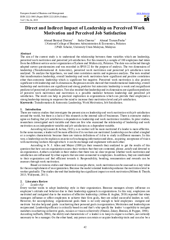 (PDF) Direct and Indirect Impact of Leadership on Perceived Work ...