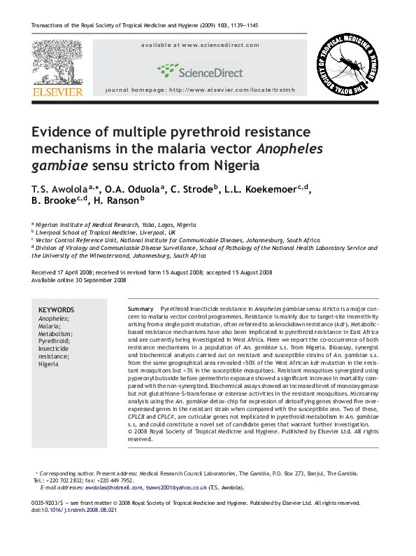 (PDF) Evidence of multiple pyrethroid resistance mechanisms in the malaria vector Anopheles ...