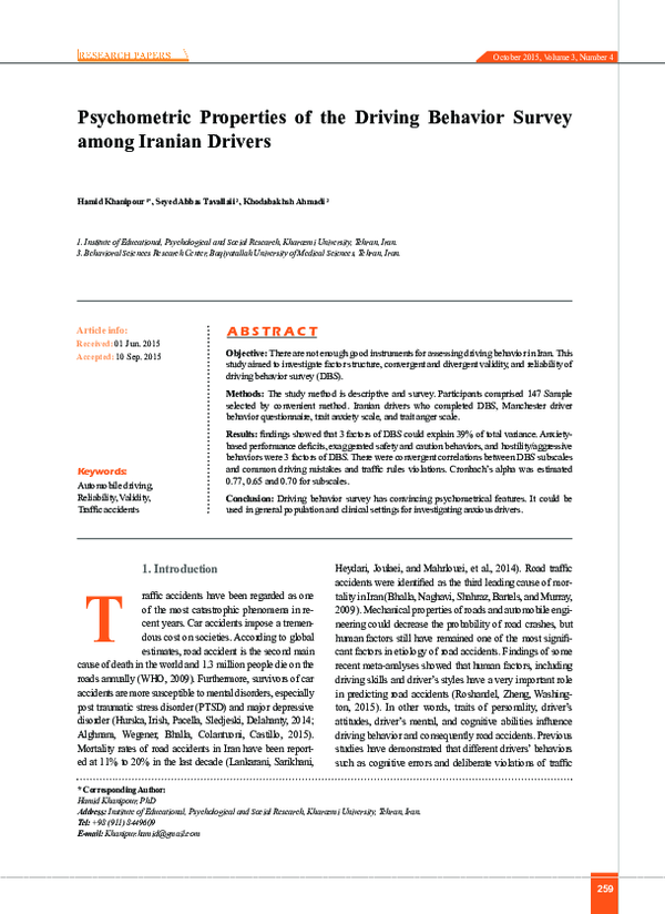 (PDF) Psychometric Properties of the Driving Behavior Survey among ...