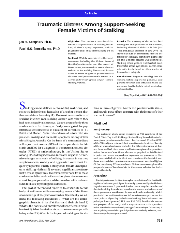 (PDF) Traumatic Distress Among Support-Seeking Female Victims of Stalking