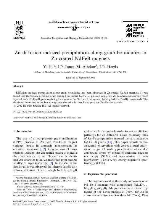 (PDF) Zn diffusion induced precipitation along grain boundaries in Zn-coated NdFeB magnets