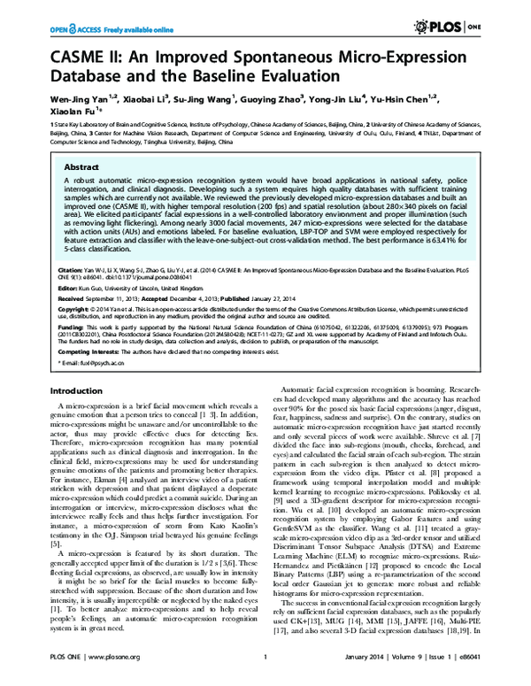 (PDF) CASME II: An Improved Spontaneous Micro-Expression Database and the Baseline Evaluation