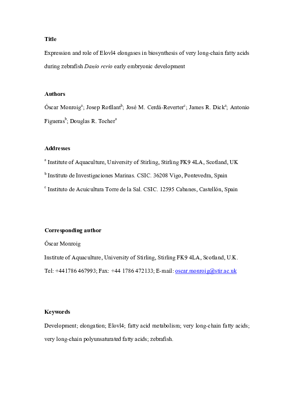 (PDF) Roles of Zebrafish Elovl4 Lengthening Fatty Acids in Development