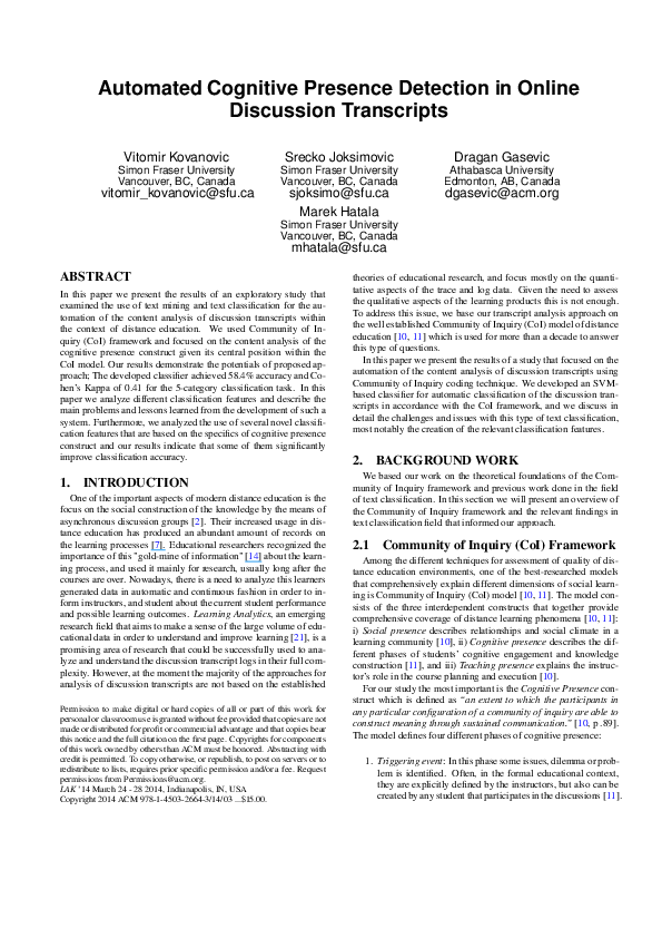 (PDF) Automated cognitive presence detection in online discussion transcripts