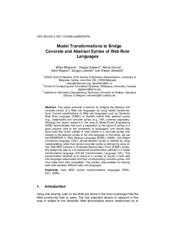 (PDF) Model transformations to bridge concrete and abstract syntax of web rule languages