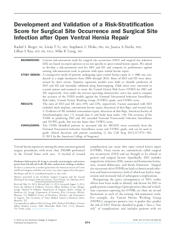 (PDF) Development and Validation of a Risk-Stratification Score for Surgical Site Occurrence and ...