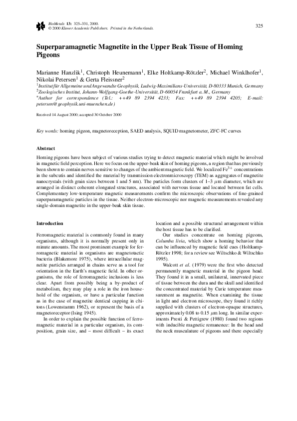 (PDF) Superparamagnetic magnetite in the upper beak tissue of homing ...
