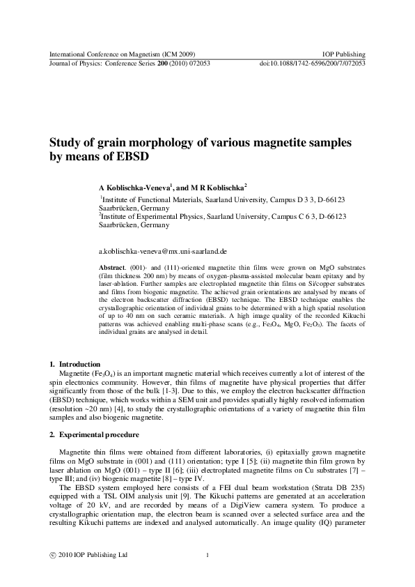 (PDF) Study of grain morphology of various magnetite samples by means of EBSD | Michael ...