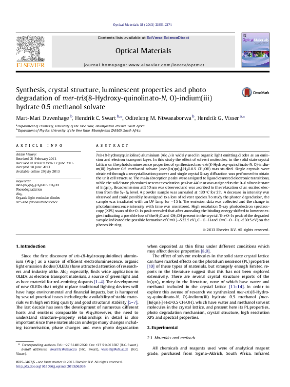 (PDF) Synthesis, crystal structure, luminescent properties and photo degradation of mer-tris(8 ...