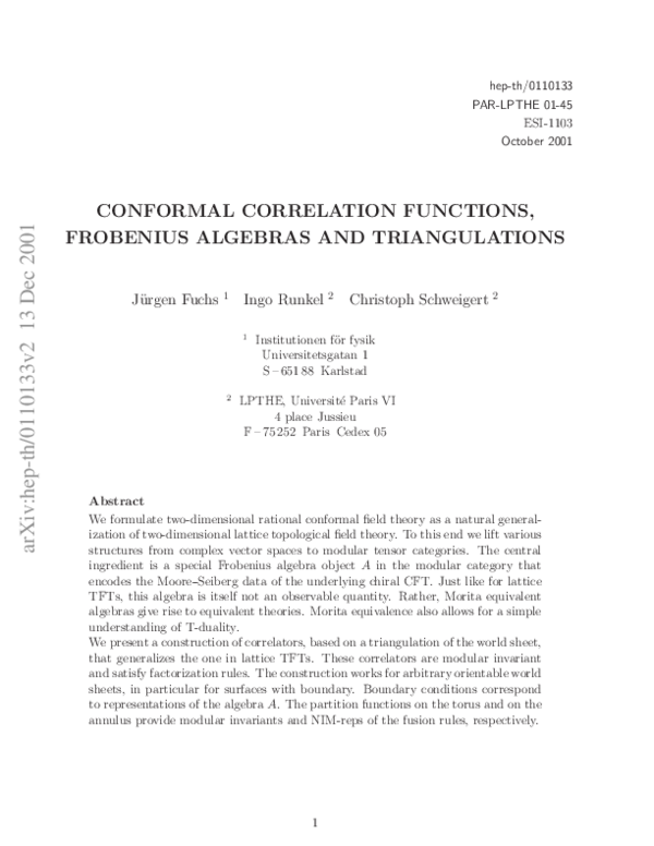 Pdf Hopf And Frobenius Algebras In Conformal Field Theory Carl