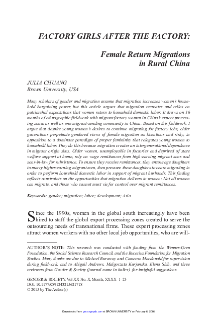 (PDF) Factory Girls after the Factory: Female Return Migrations in ...