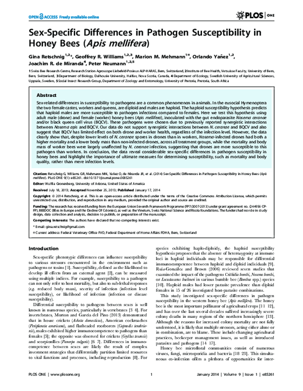 Pdf Sex Specific Differences In Pathogen Susceptibility In Honey Bees