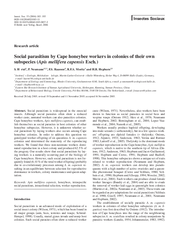 (PDF) Social parasitism by Cape honeybee workers in colonies of their ...