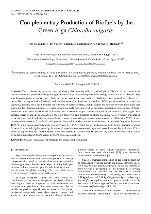 (PDF) Biofuel Production from Chlorella vulgaris