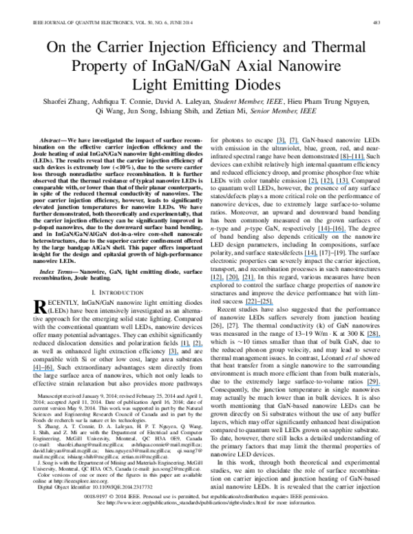 (PDF) On the Carrier Injection Efficiency and Thermal Property of InGaN/GaN Axial Nanowire Light ...