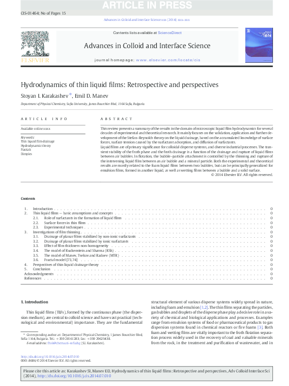 (PDF) Hydrodynamics of thin liquid films: Retrospective and perspectives