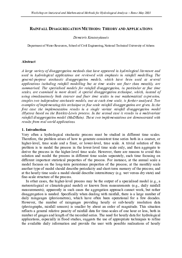 (PDF) Rainfall disaggregation methods: Theory and applications