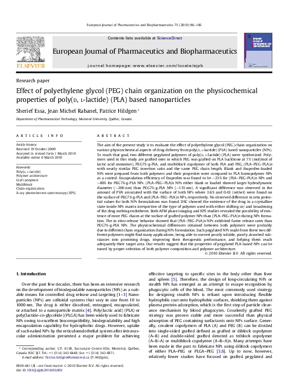 (PDF) Effect of polyethylene glycol (PEG) chain organization on the ...