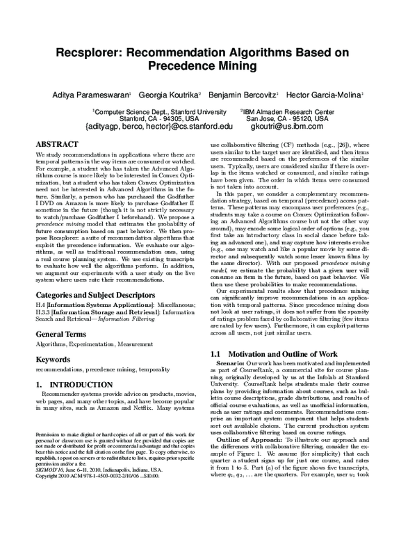 Pdf Recsplorer Recommendation Algorithms Based On Precedence Mining