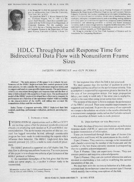 (PDF) HDLC Throughput and Response Time for Bidirectional Data Flow with Nonuniform Frame Sizes