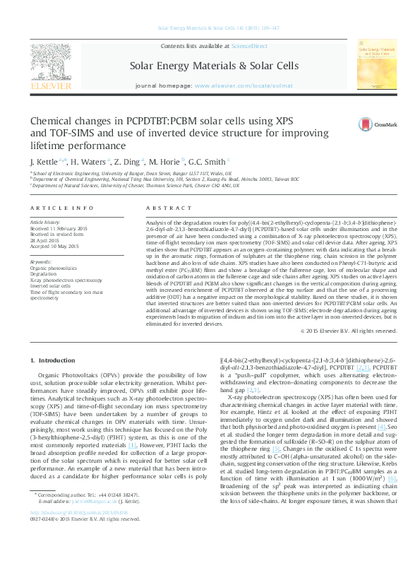 (PDF) Chemical changes in PCPDTBT:PCBM solar cells using XPS and TOF ...