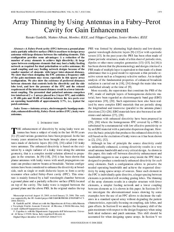 (PDF) Array Thinning by Using Antennas in a Fabry–Perot Cavity for Gain Enhancement