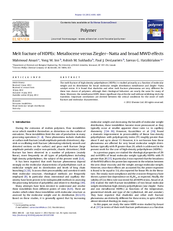 (PDF) Melt fracture of HDPEs: Metallocene versus Ziegler–Natta and ...